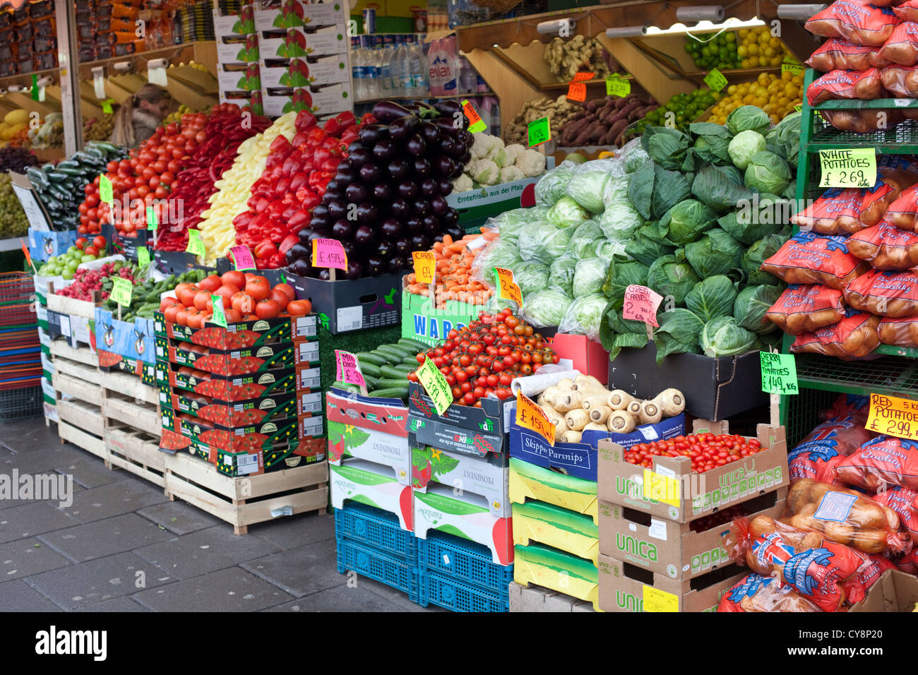 Vegetable stall outside a shop, Burnt Oak, London, England, UK Stock ...