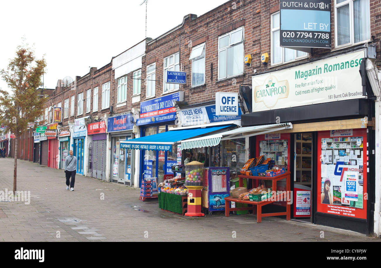 Row of shops on Burnt Oak Broadway, Edgware, Greater London, England ...