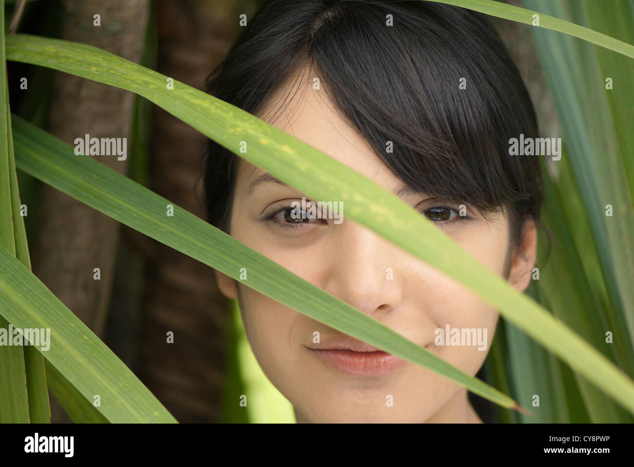 Young woman looking through foliage, portrait Stock Photo - Alamy