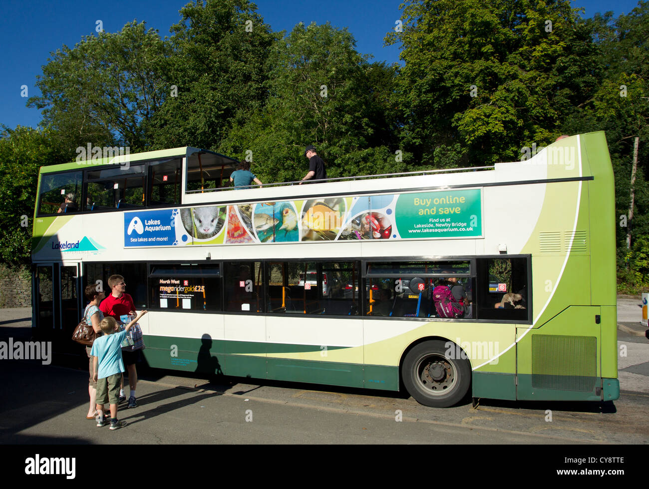 Lakeland -Stage Coach open top bus at Windermere Railway Station with ...