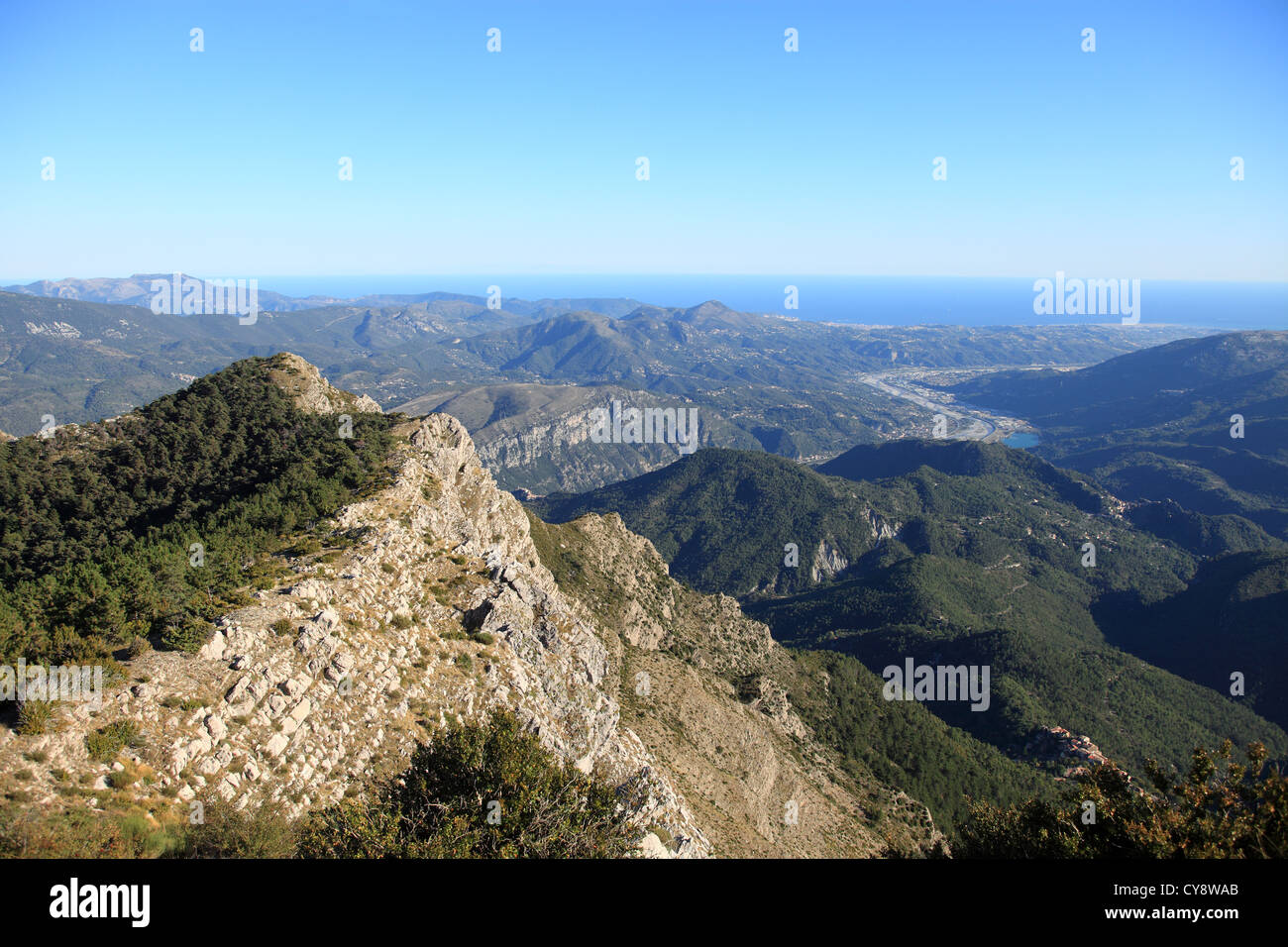 Top view above the Var valley from the Mont Vial with the sea in the ...