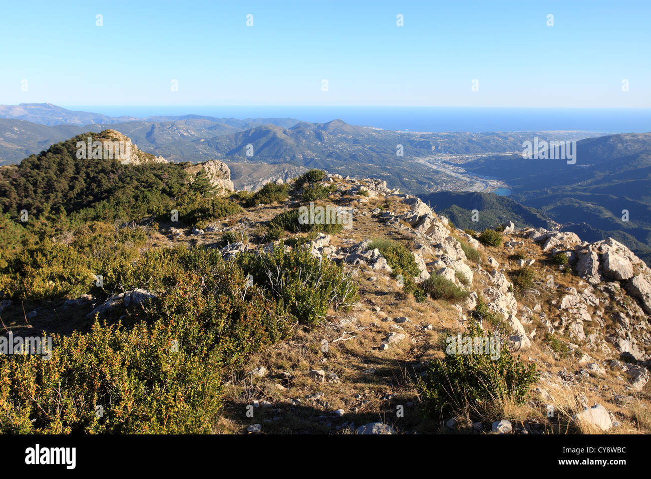 Top view above the Var valley from the Mont Vial with the sea in the ...