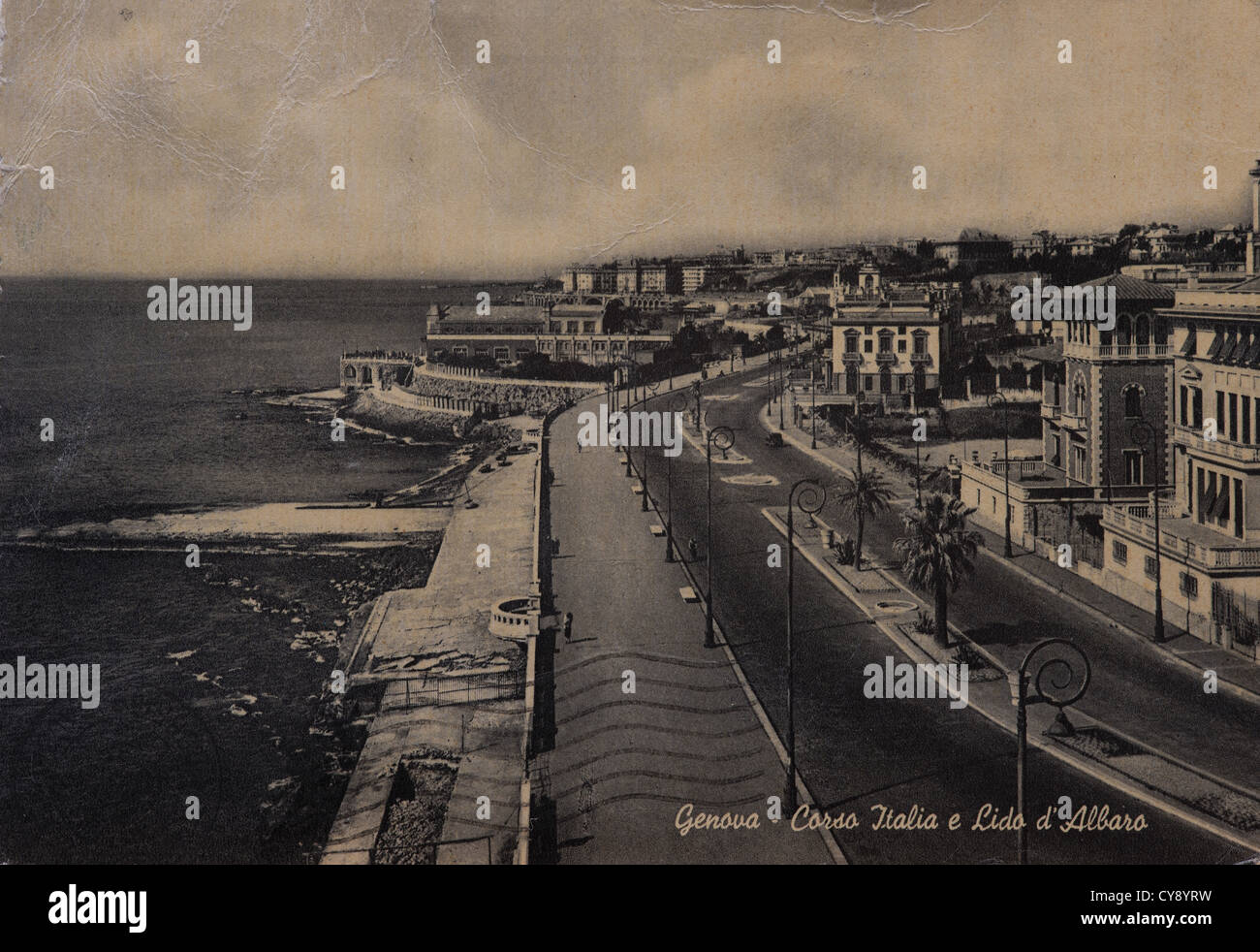 A panorama of Genoa in an old postcard Stock Photo - Alamy