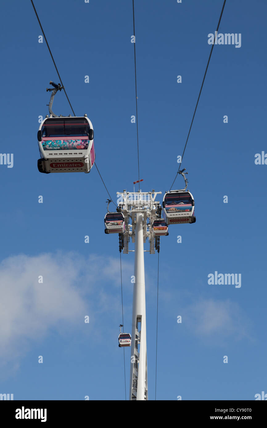 Rows of Emirates Air Line cable cars suspended above River Thames ...