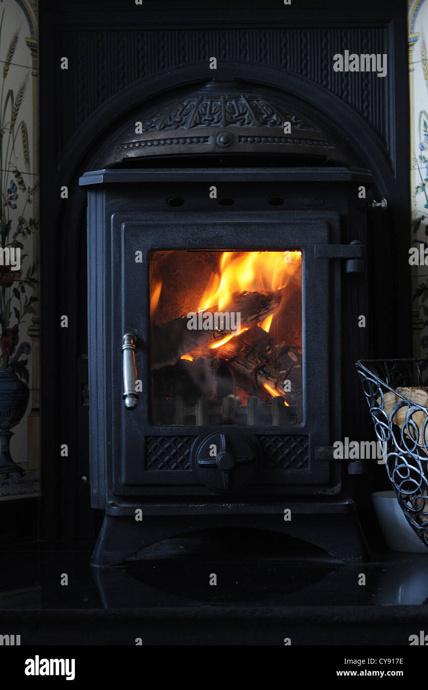 wood burning fire scene with logs Stock Photo - Alamy