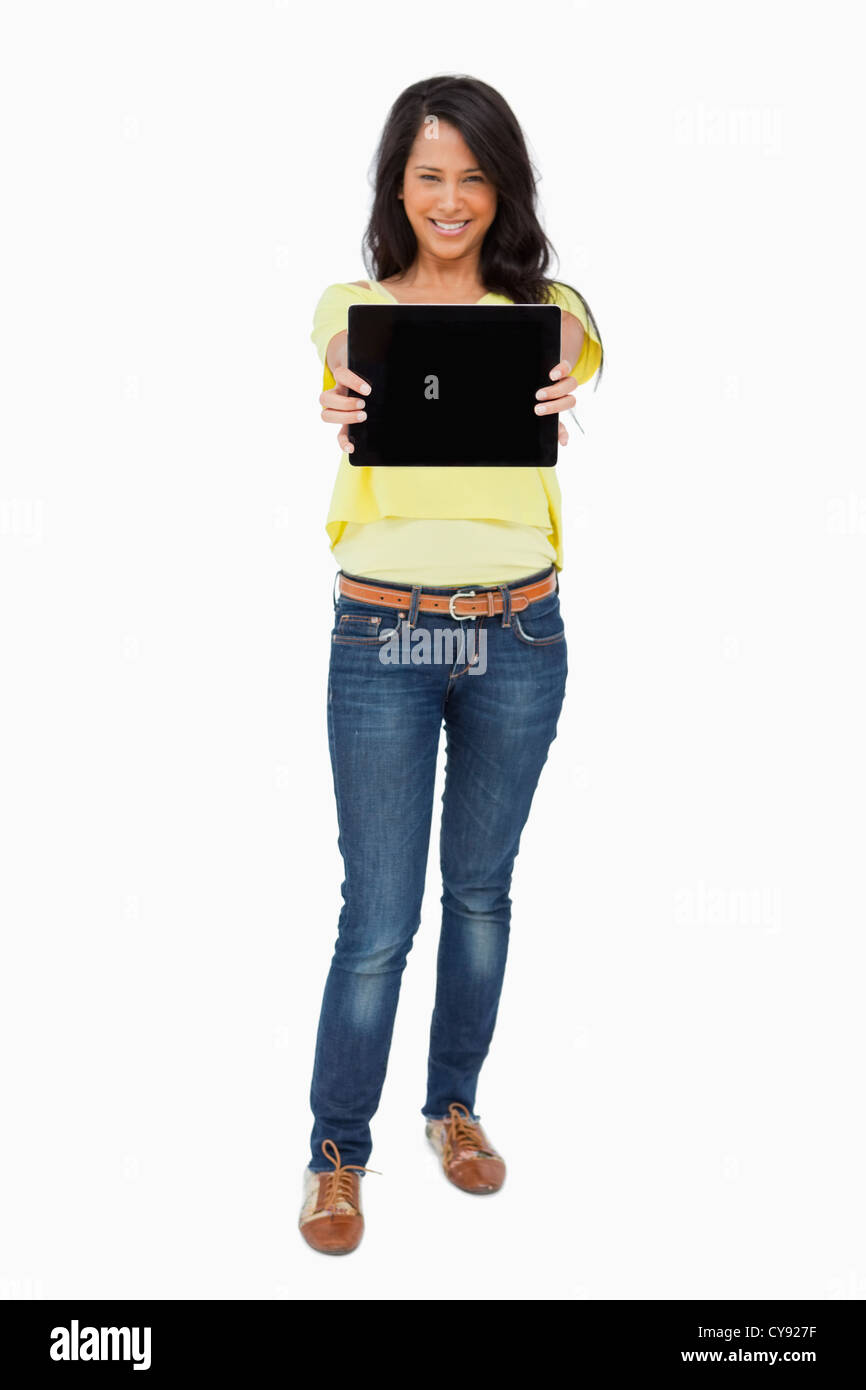 woman student showing a touch pad screen Stock Photo - Alamy