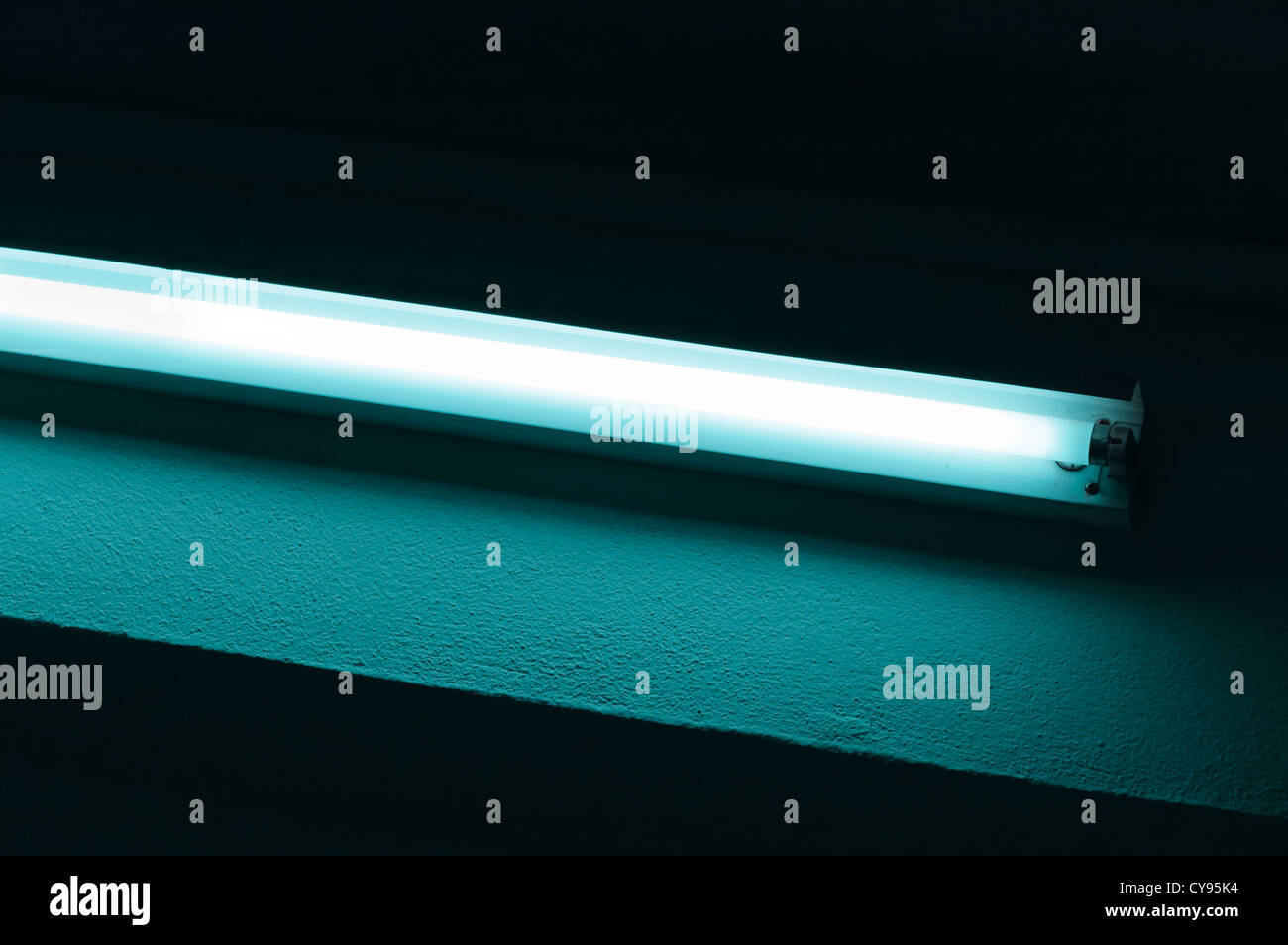 Detail of a fluorescent tube mounted on a wall, false green color light ...