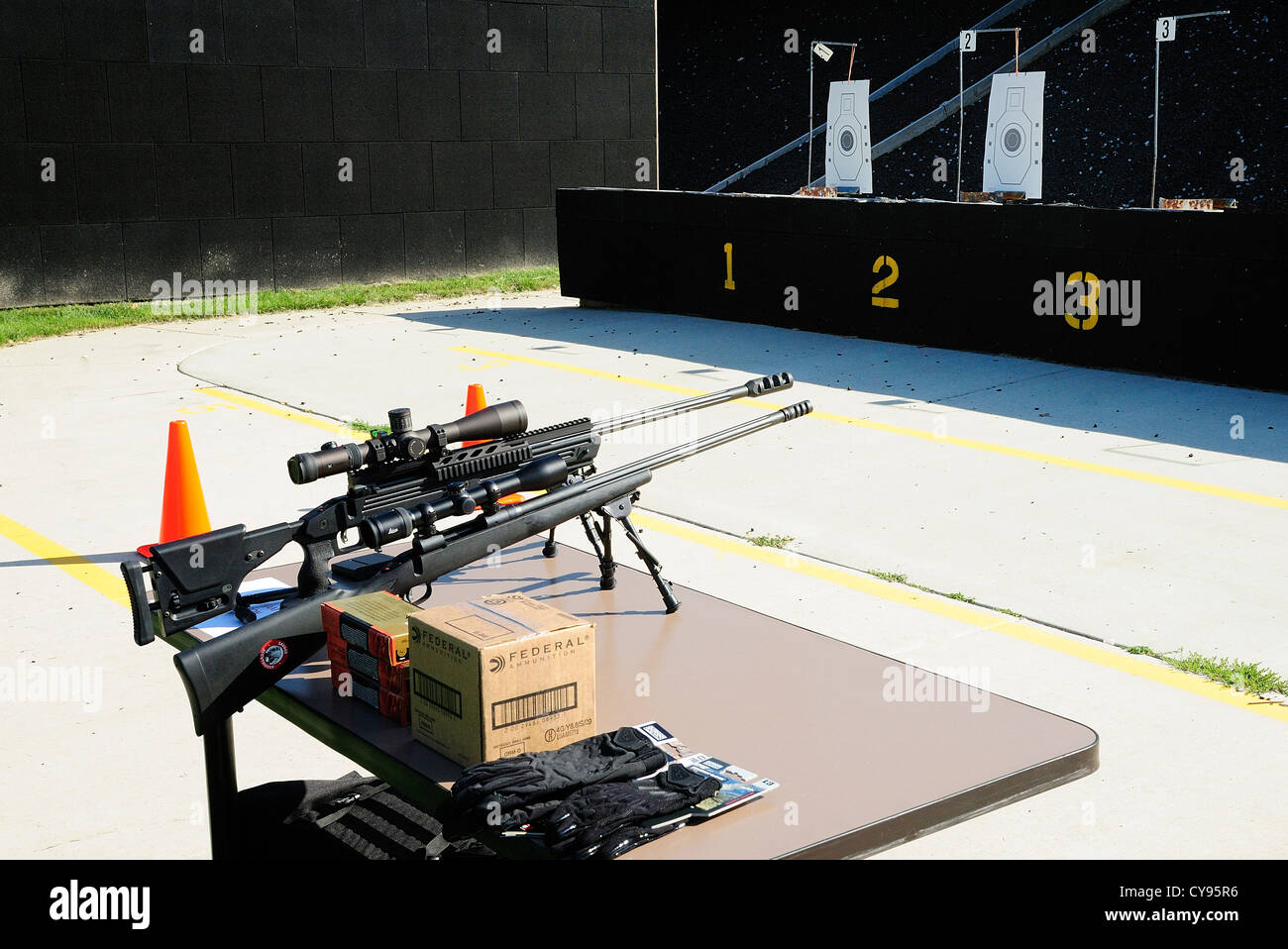 Sniper rifle and shotgun at FBI shooting range in Chicago, Illinois ...