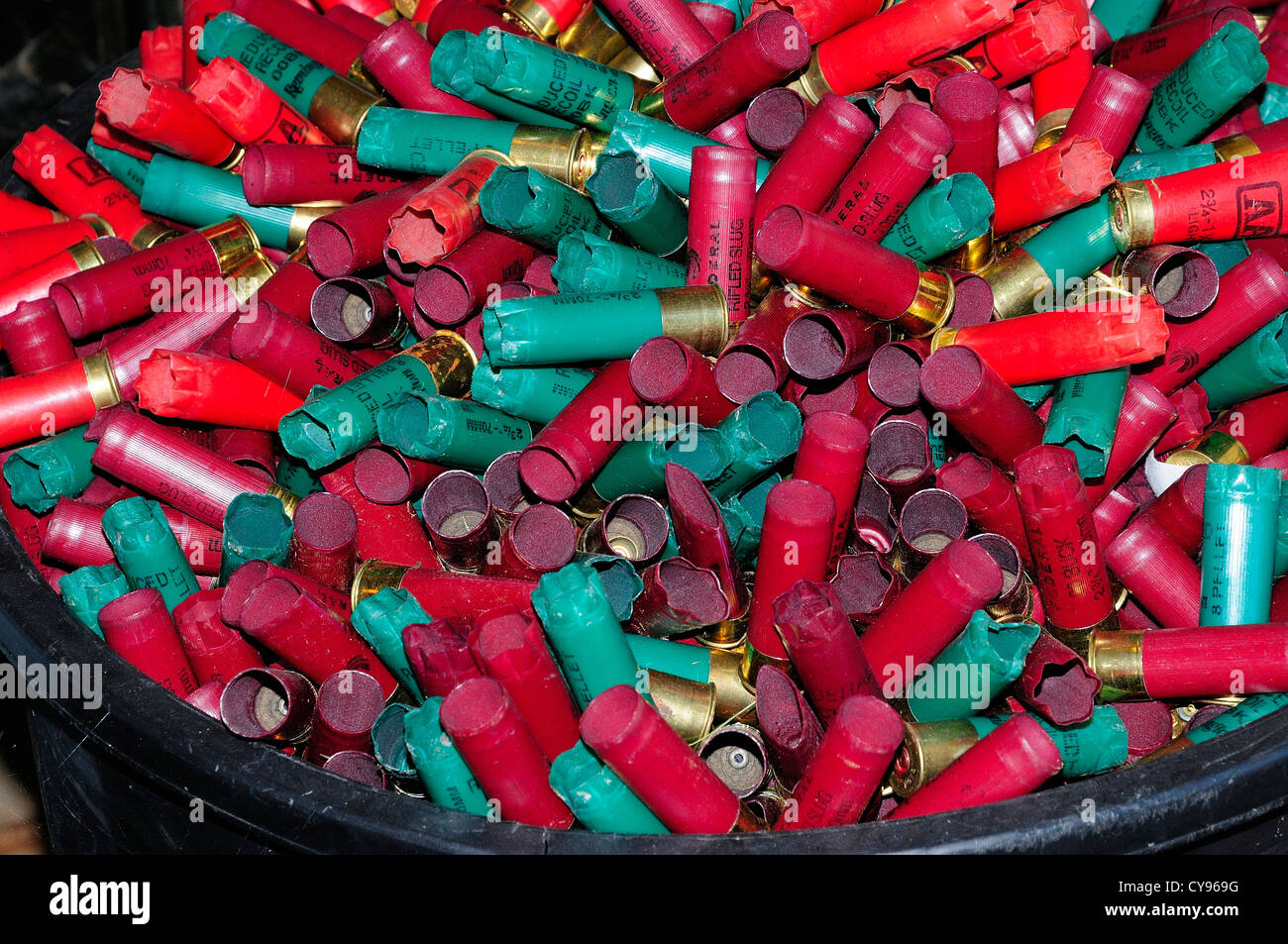Expended 12 gage shotgun shells in a barrel at the FBI shooting range ...