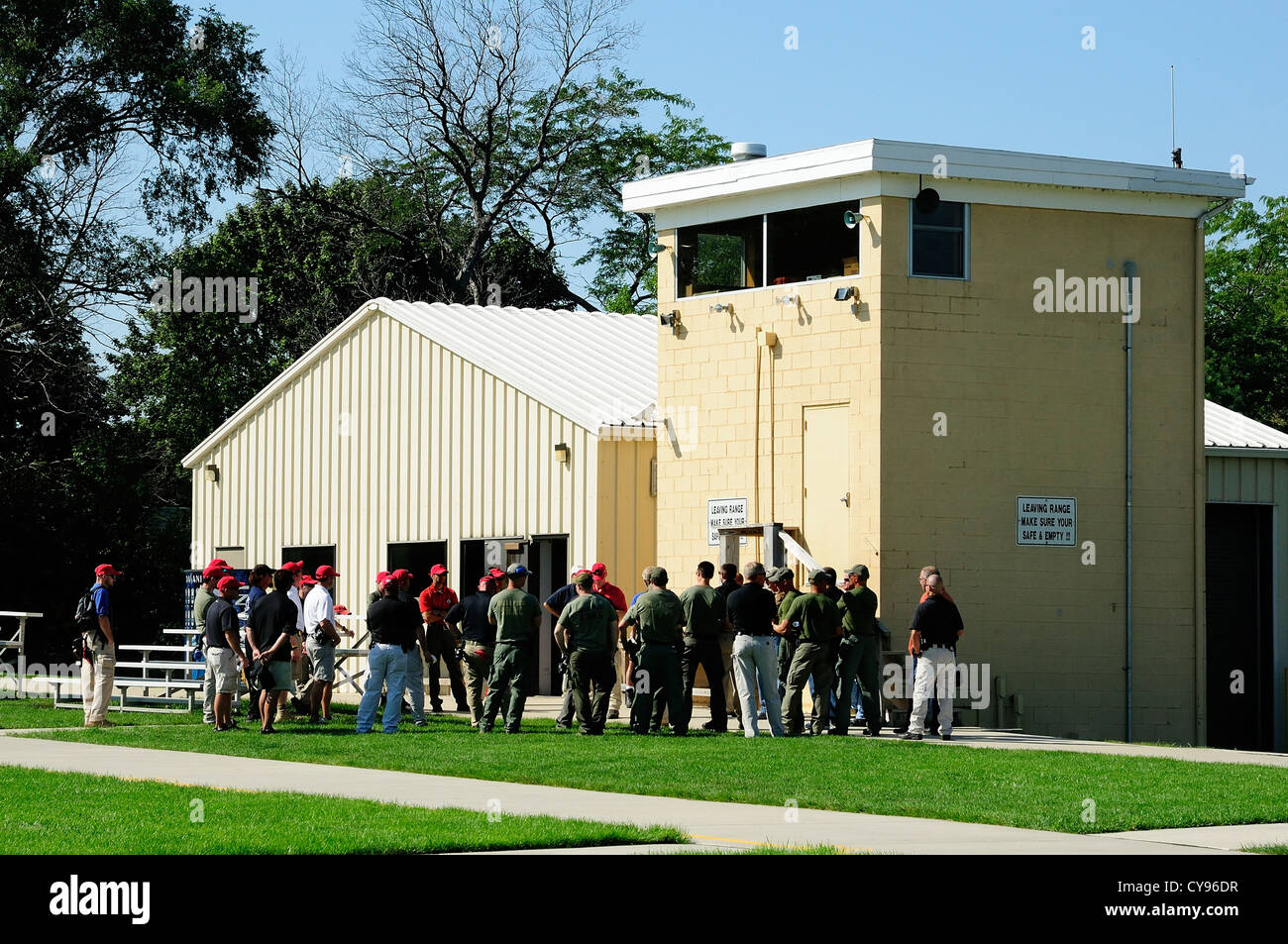 Classroom and observation tower at a shooting range. Identity concealed ...