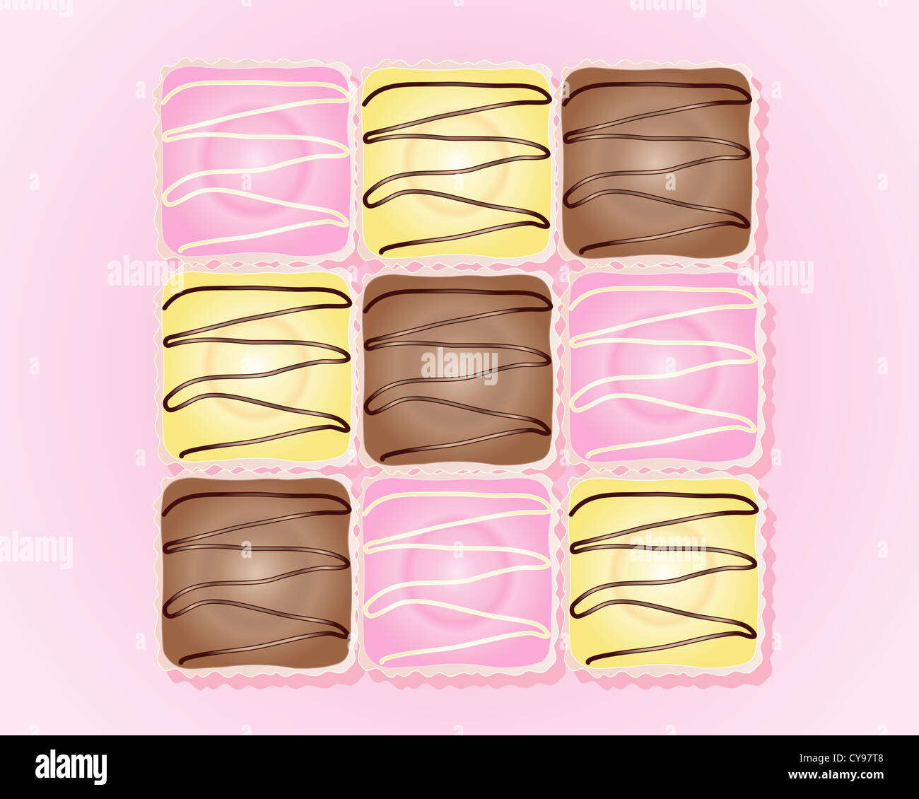 an illustration of French fancy cakes in pink yellow and chocolate ...