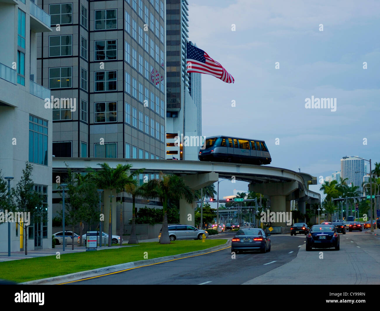 Metromover monorail transportation near Bayfront station, Downtown ...