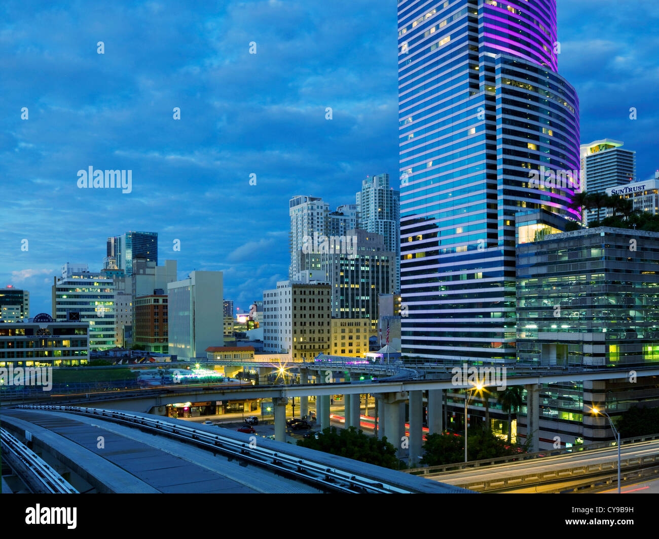 Downtown Miami skyline and skyscrapers Monorail and Bank of America ...