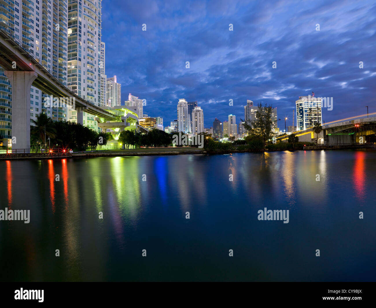 Downtown Miami skyline evening lights, Miami Florida USA Stock Photo ...
