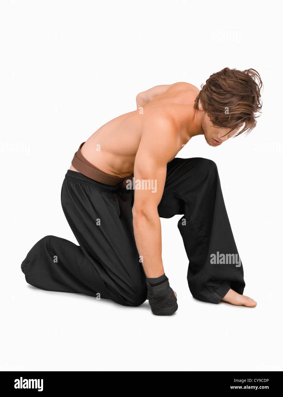 Kneeling martial arts fighter Stock Photo - Alamy