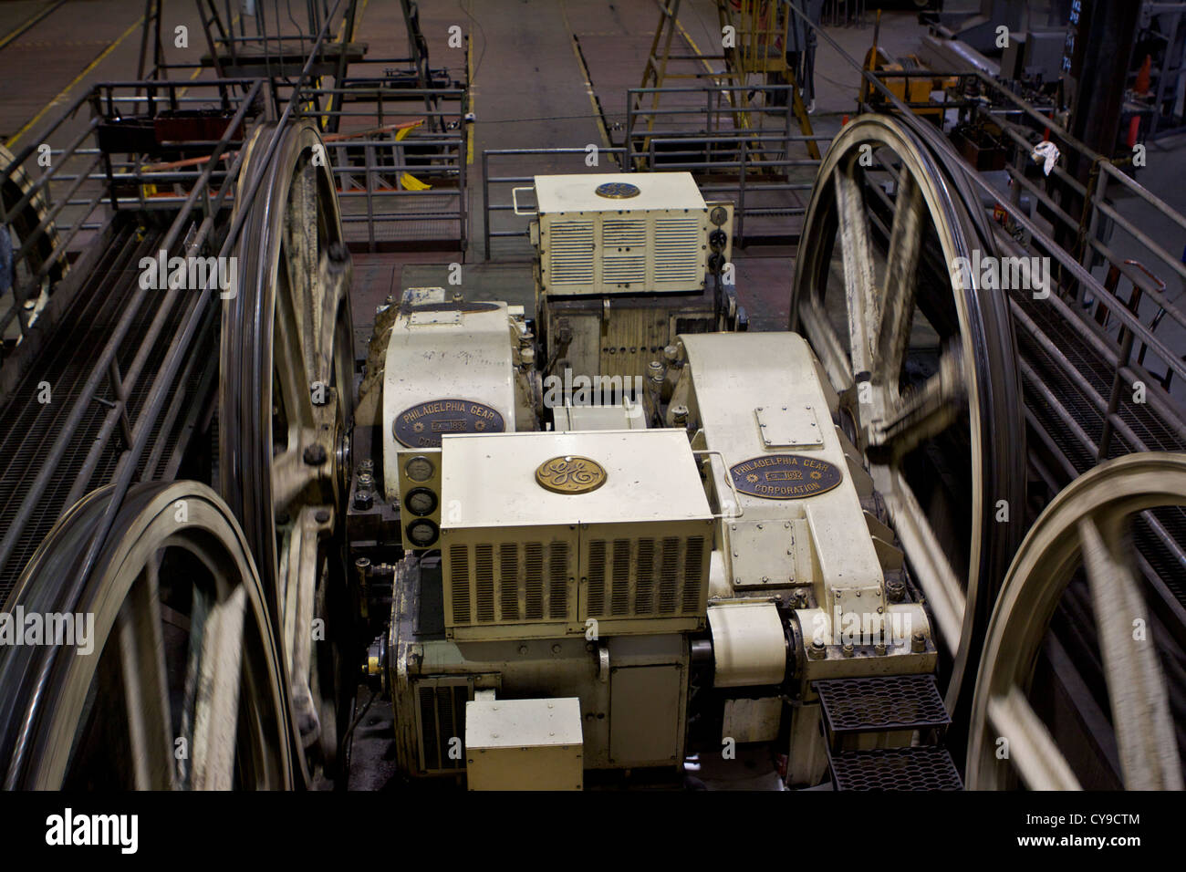 View down onto the running cables and winding wheels in the cable car ...