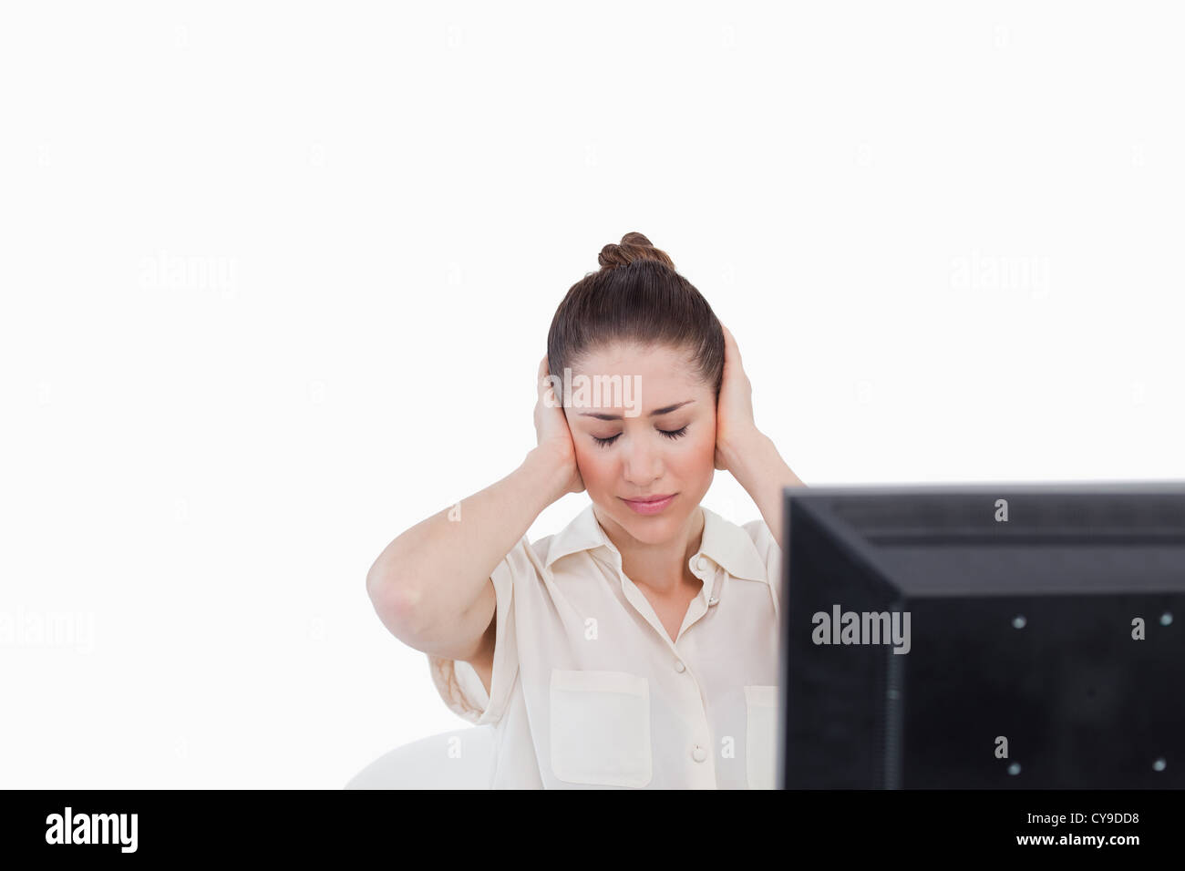Businesswoman having a headache while using a computer Stock Photo - Alamy