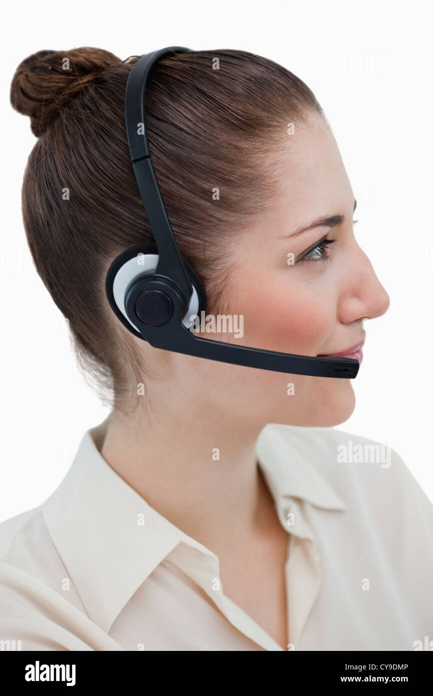 Portrait of an operator posing with a headset Stock Photo - Alamy