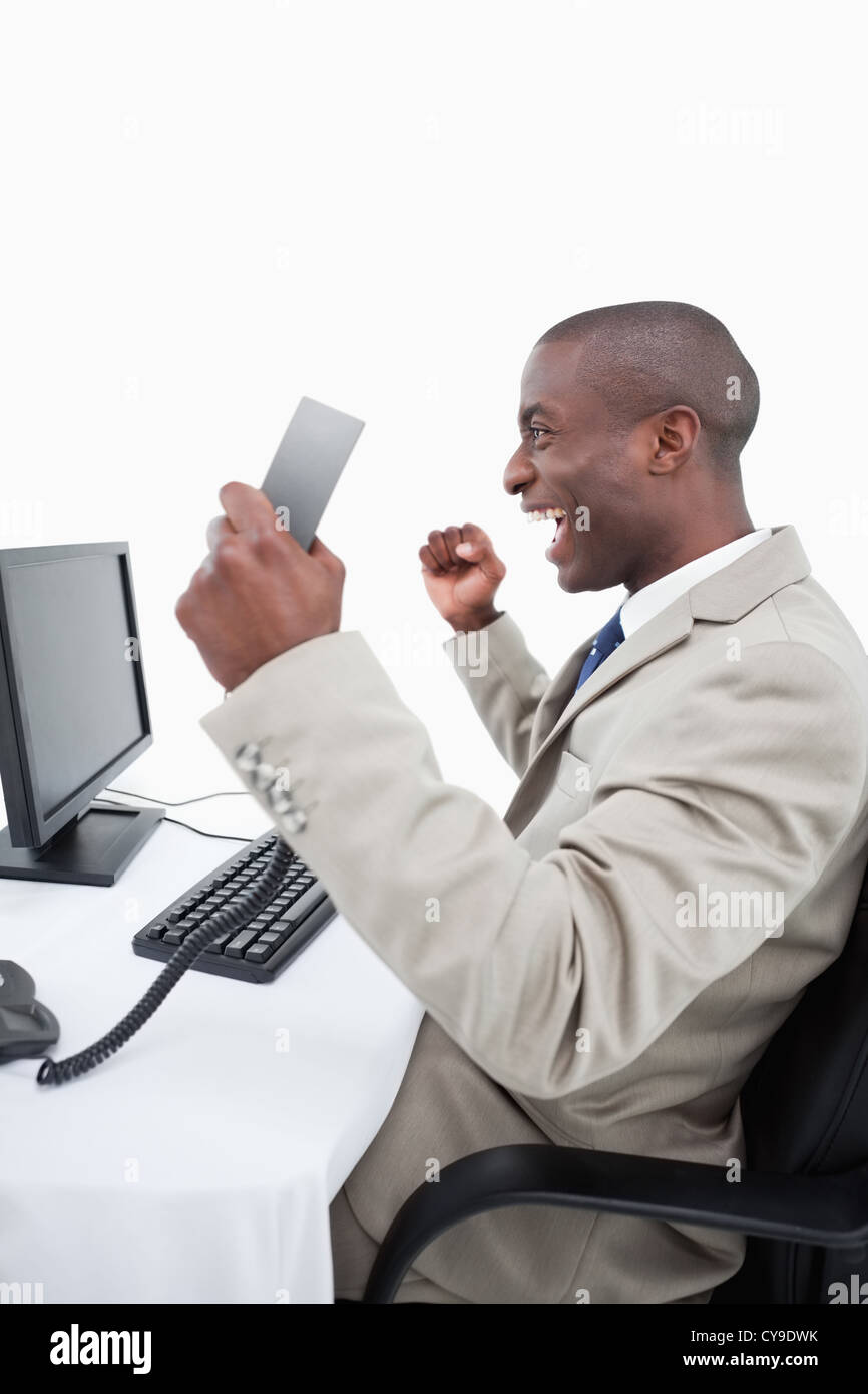 Portrait of a successful salesman holding a phone handset Stock Photo ...