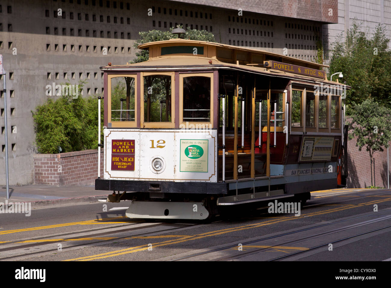 Empty cable car on the Powell and Hyde line at the intersection of ...