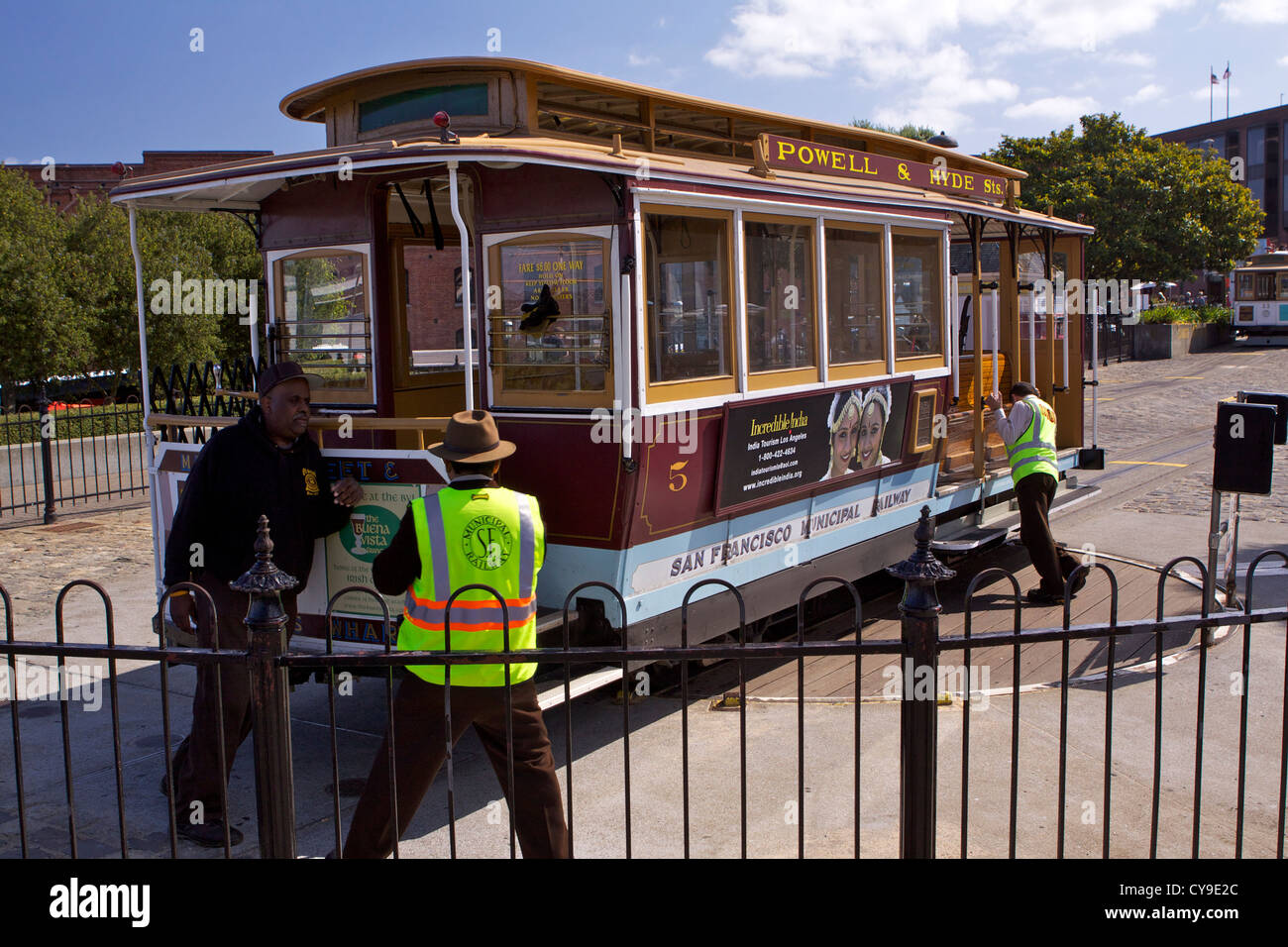 The driver and brakeman push a cable car around on the turntable at the ...