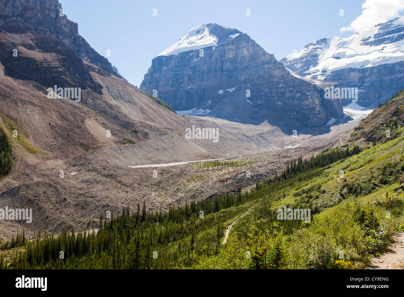 Moraine from the rapidly receding Victoria Glacier above Lake Louise in ...