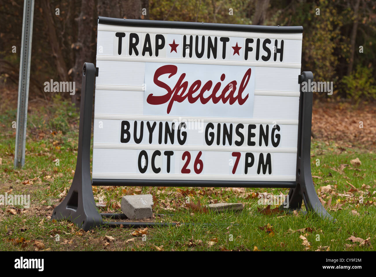 Sign declares "Buying Ginseng October 26" in Adirondacks, New York ...