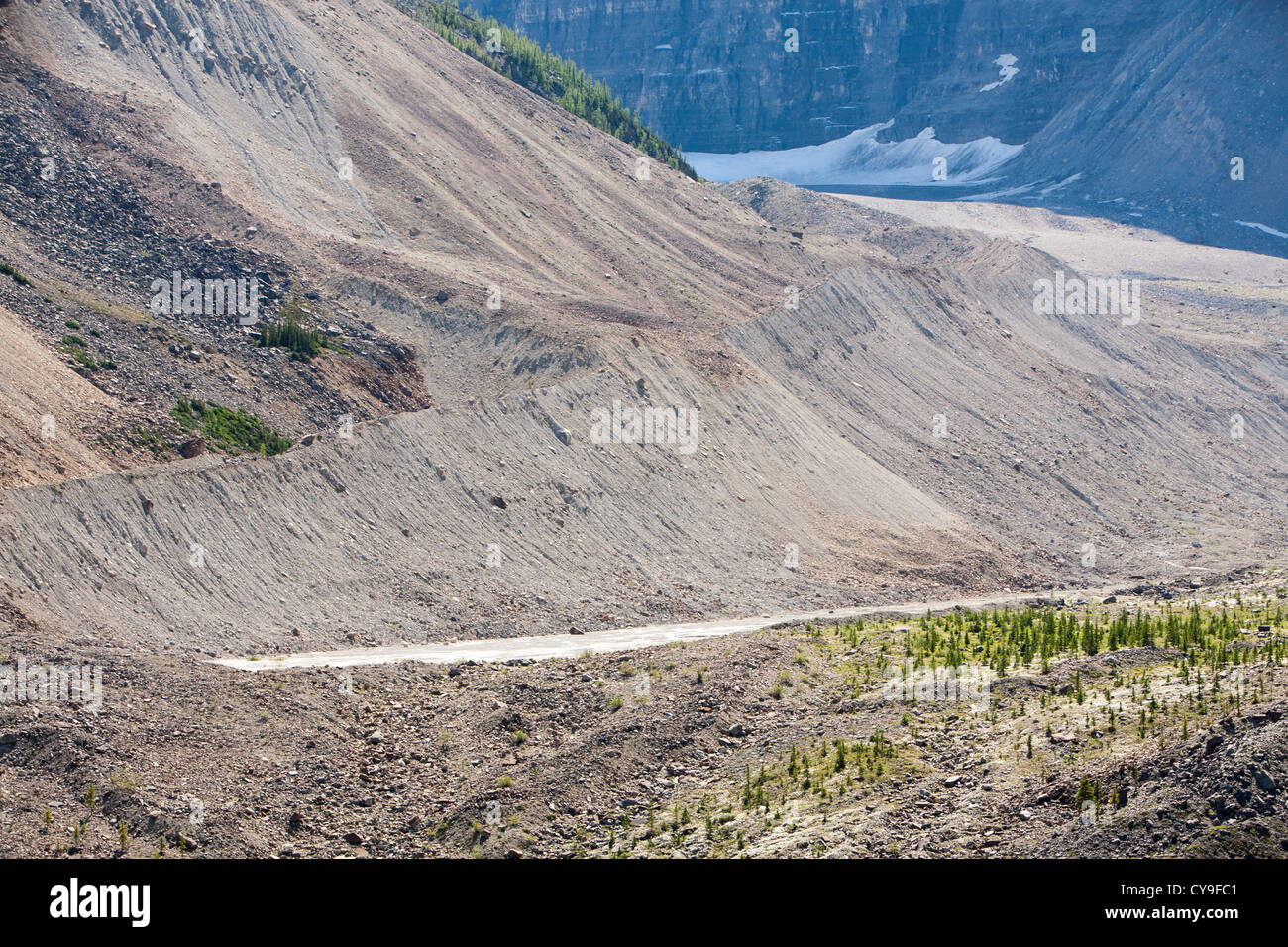Moraine from the rapidly receding Victoria Glacier above Lake Louise in ...