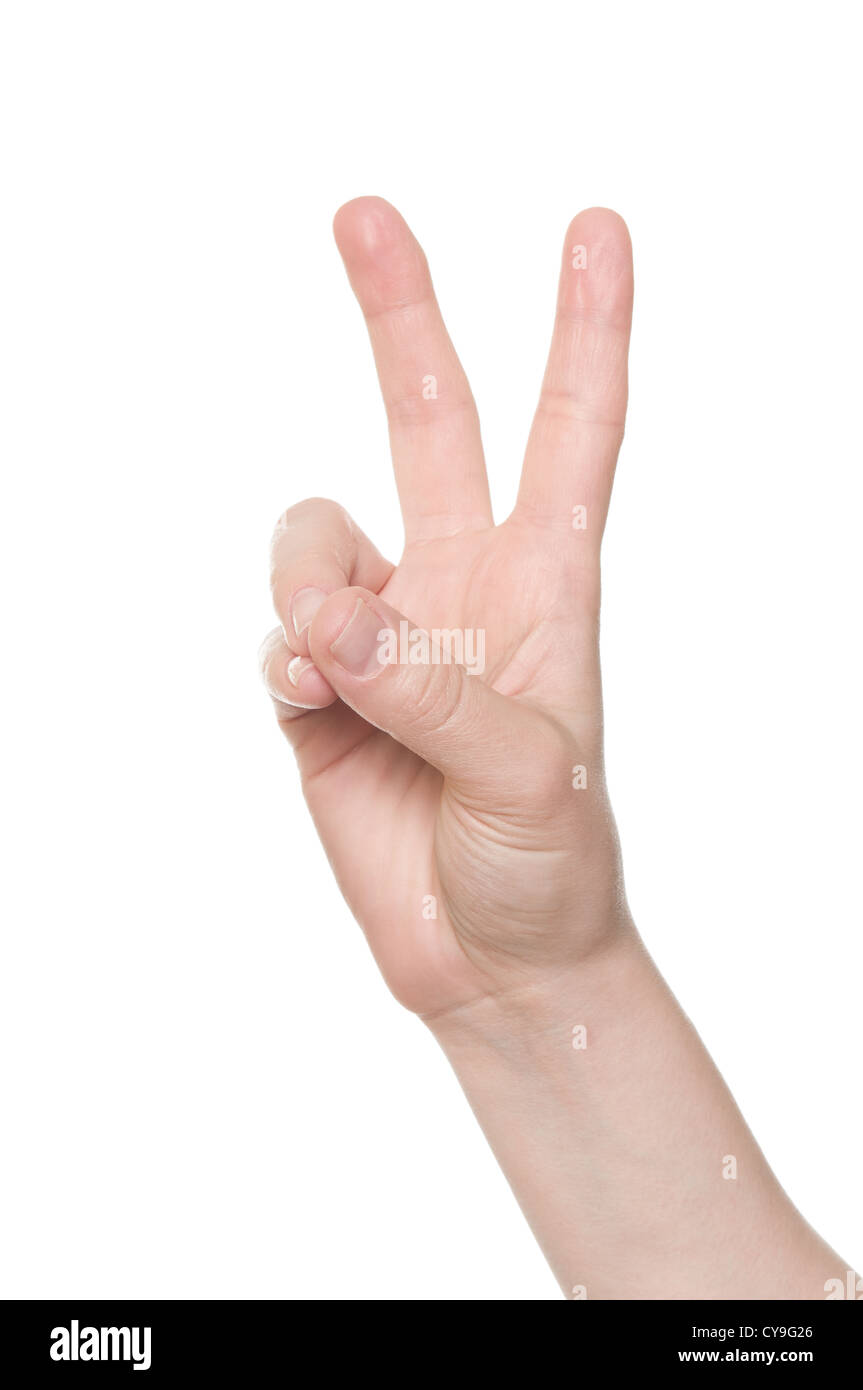 Victory hand sign on white background Stock Photo - Alamy