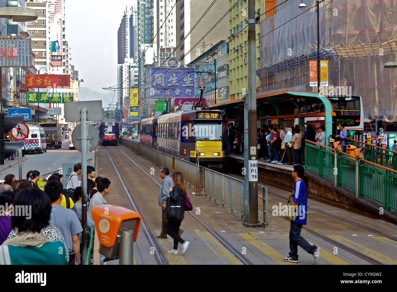 Light rail Train at station on Castle Peak Road, Yuen Long, Hong Kong ...