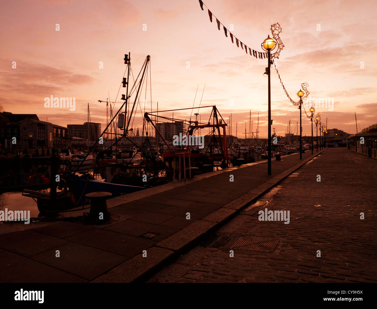 Plymouth port and lights at dawn Stock Photo - Alamy