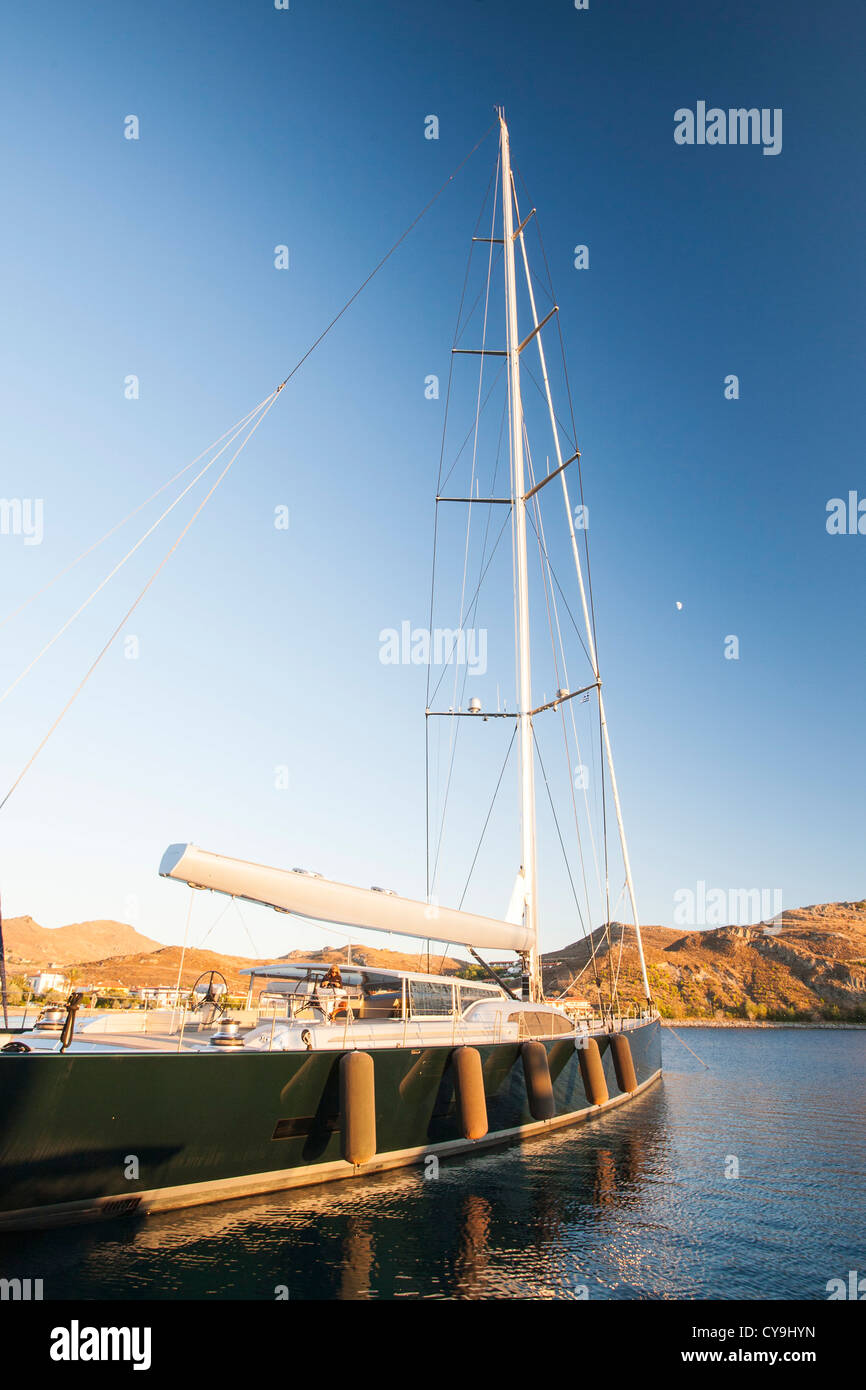 The Saudade a massive racing yacht with a 200 foot mast in Myrina on ...