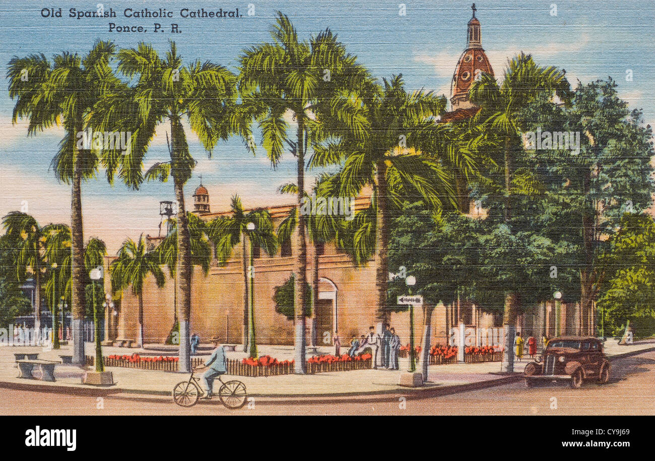 the old spanish catholic cathedral in Ponce, Puerto Rico, in an old ...