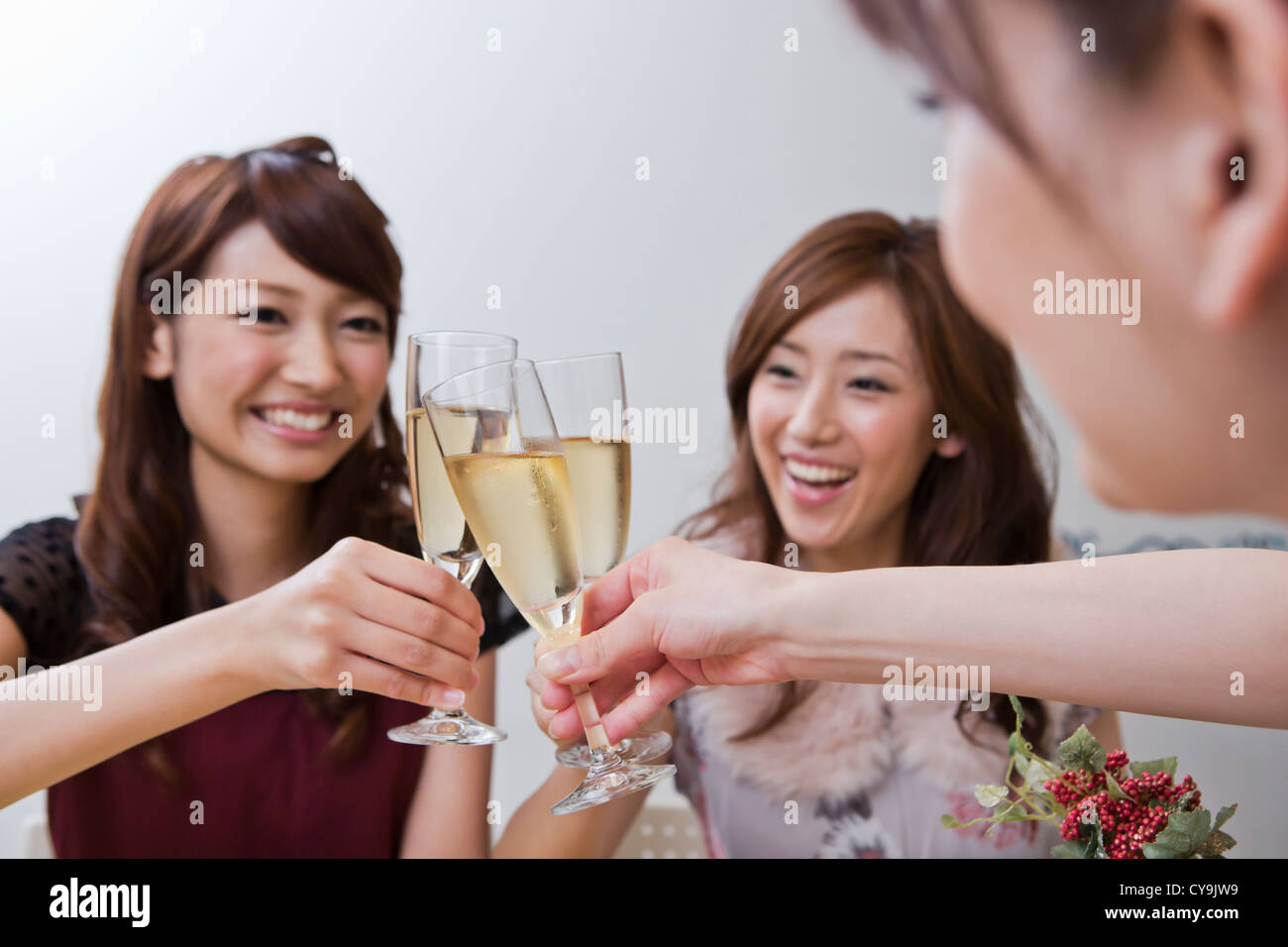 Three Young Women Toasting Stock Photo - Alamy