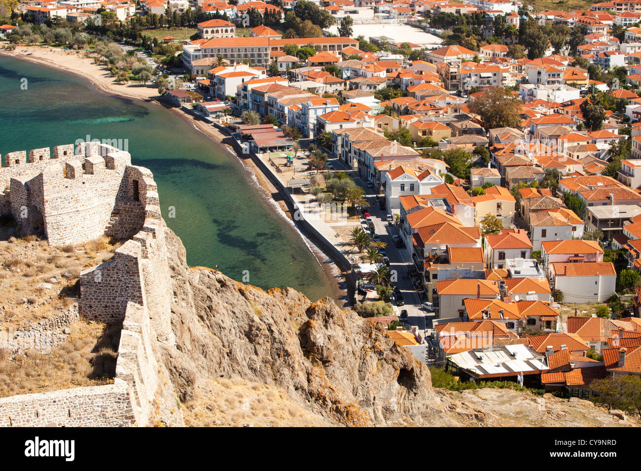 The walls of the ancient, Byzantian Castle looking down on Myrina on ...