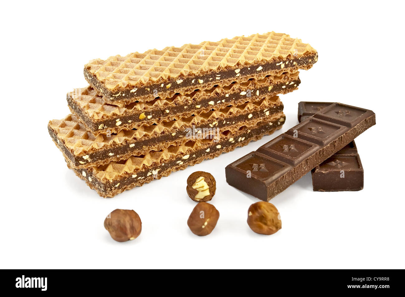 A stack of waffles, interlayered with chocolate, two bars of chocolate ...