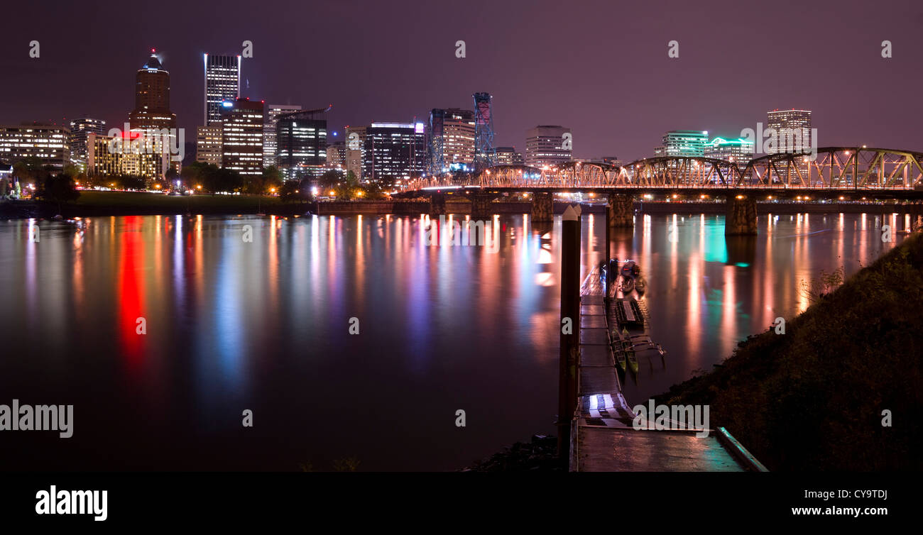 The Hawthorne Bridge stands pointing into downtown Portland Oregon ...