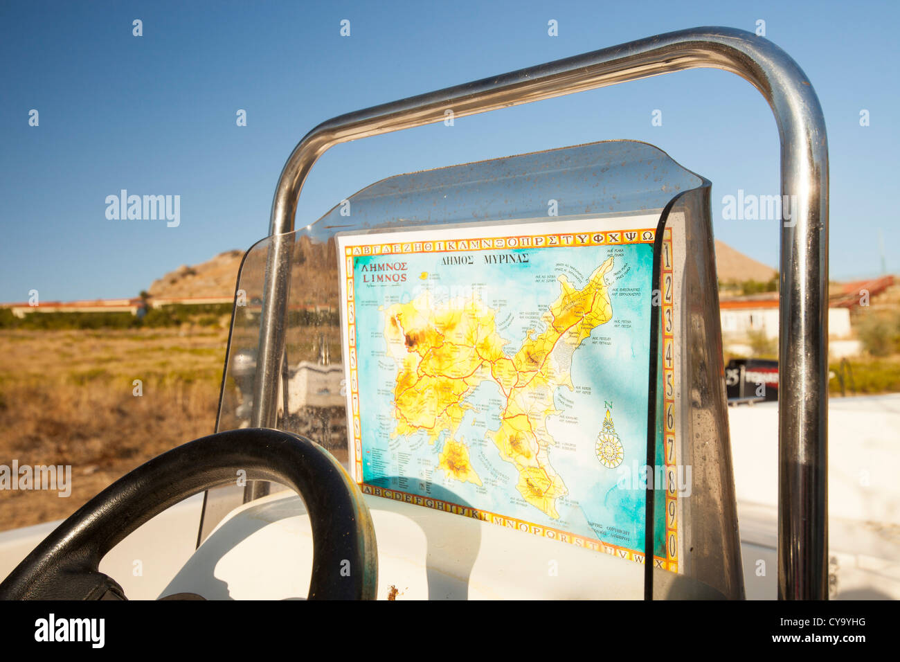 a boat with a map of the isle of Lemnos in Greece Stock Photo - Alamy