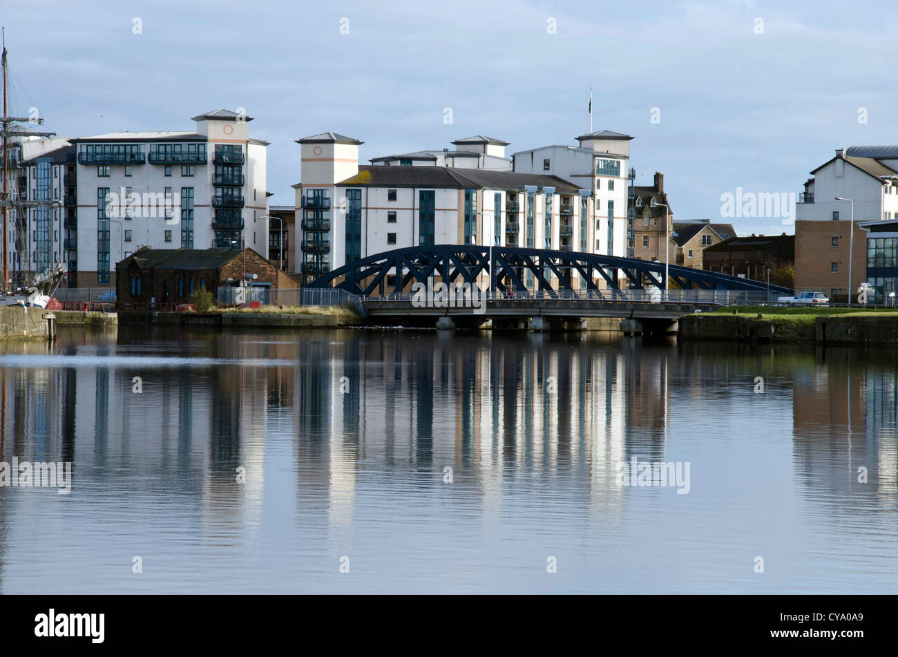 New flats and the old swing bridge next to Leith Docks, Edinburgh ...