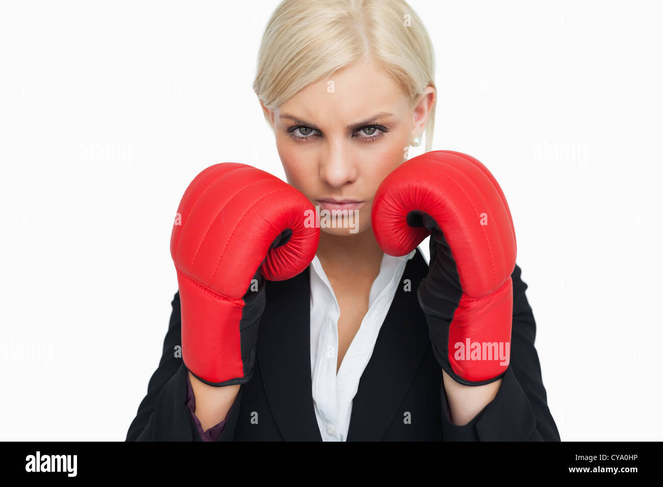 Combative woman with red gloves fighting Stock Photo - Alamy