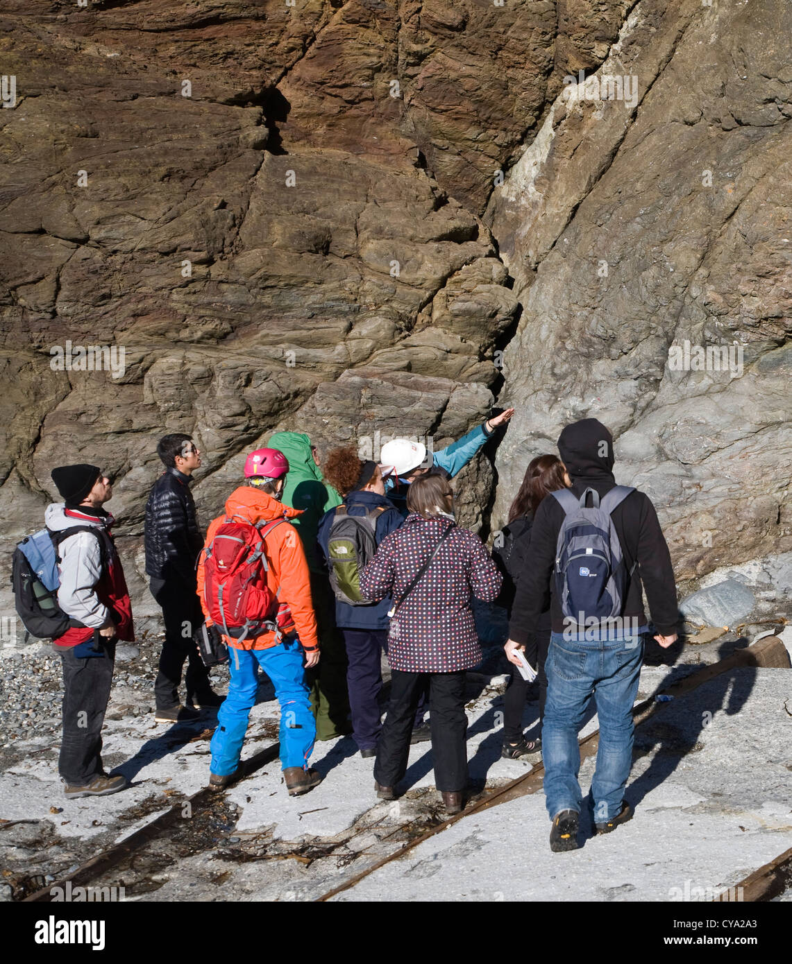 Group of geologists studying rocks at Lizard Point, Cornwall, England ...