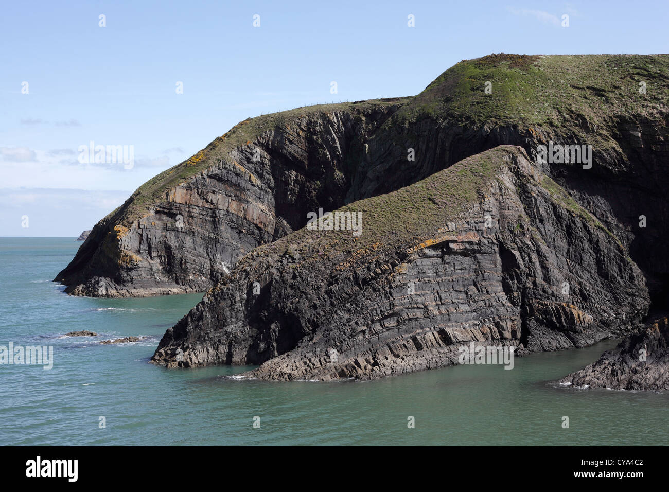 Layered and folded cliff rocks near Ceibwr on the South Wales coastal ...