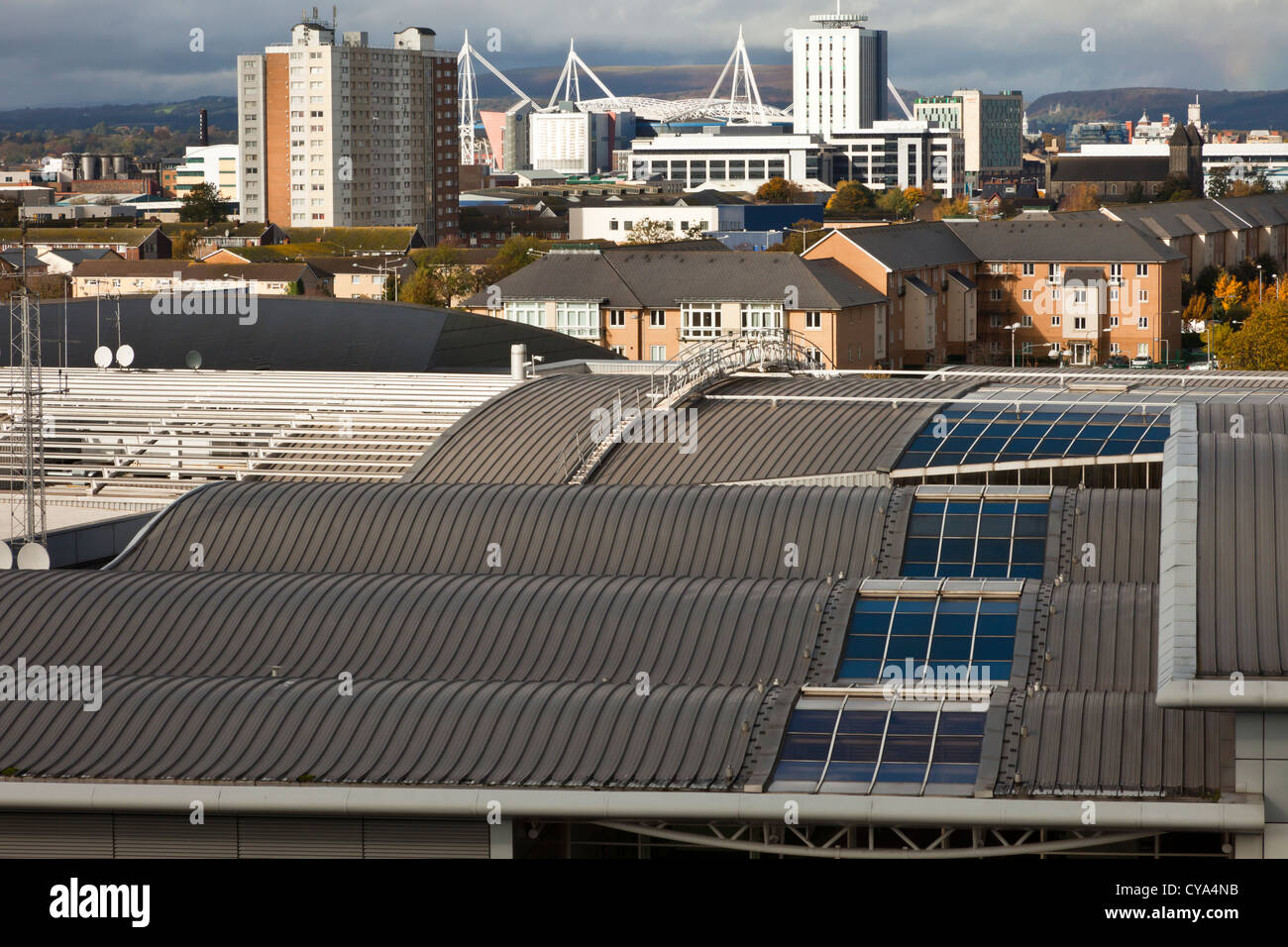 The Red Dragon center centre in Cardiff Bay with the Millennium stadium ...