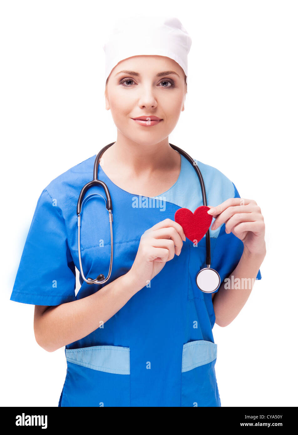 cardiologist with a red heart in her hands, isolated on white ...
