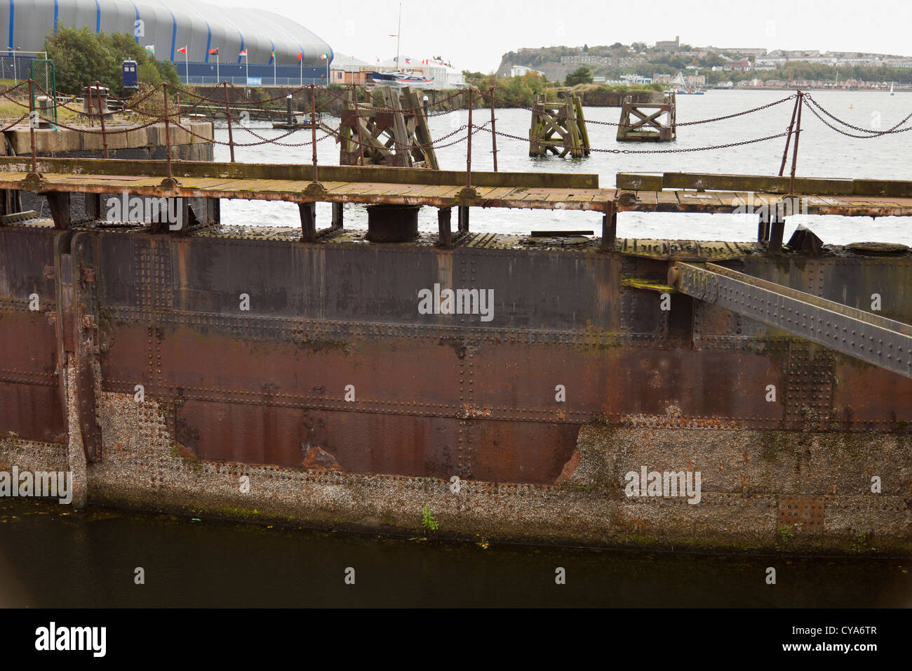 Rusty old lock dock gates, now obsolete as Cardiff bay in now flooded ...
