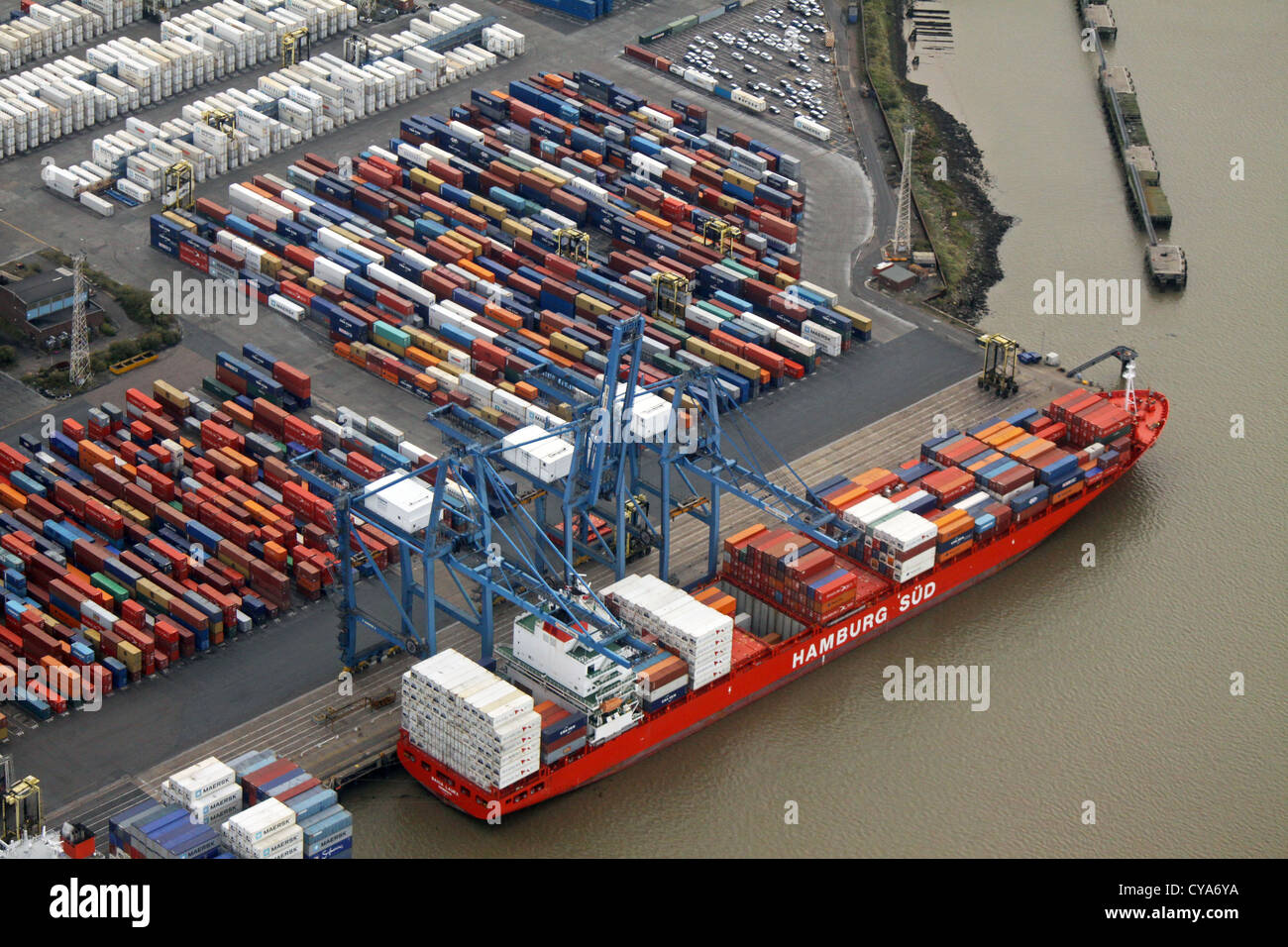 aerial view of a container ship The Hamburg Sud at Tilbury Docks, Essex ...
