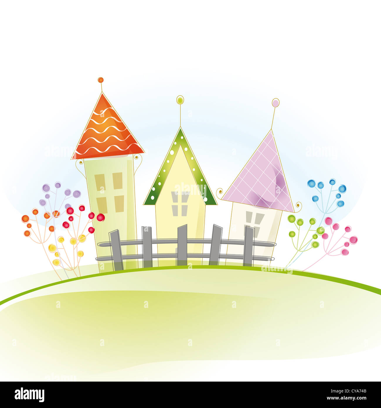 Colorful view with cute house and trees Stock Photo - Alamy