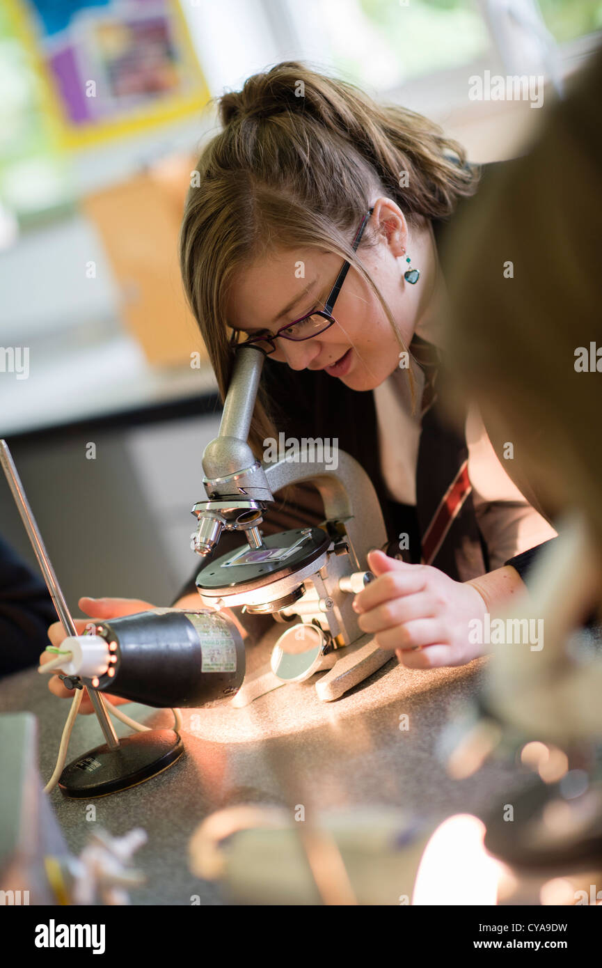 Students using a microscope in science class hi-res stock photography ...