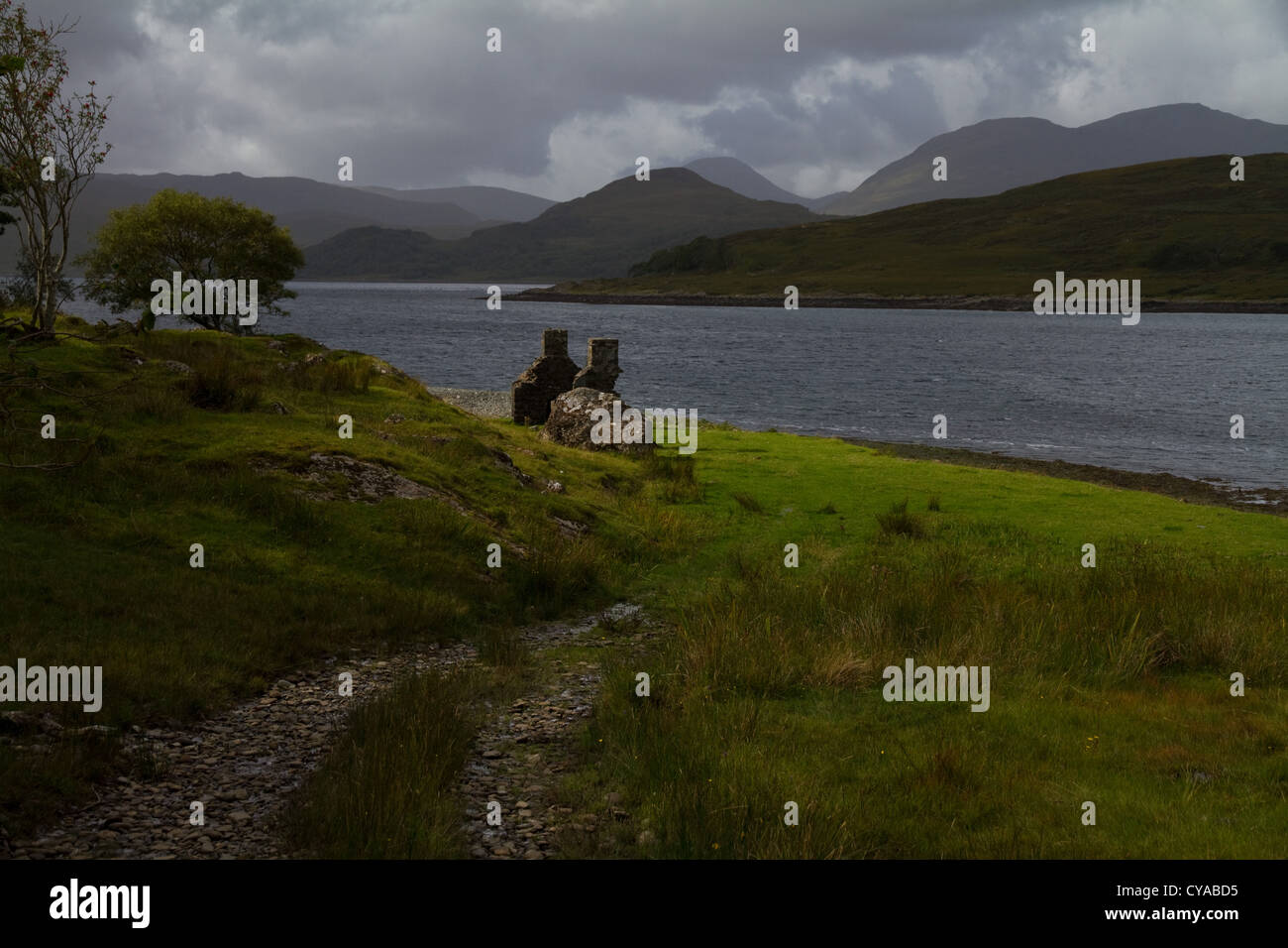 A ruined house on the shore of Loch Spelve, Isle of Mull, Scotland ...