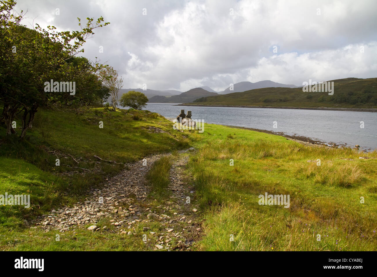 A ruined house on the shore of Loch Spelve, Isle of Mull, Scotland ...